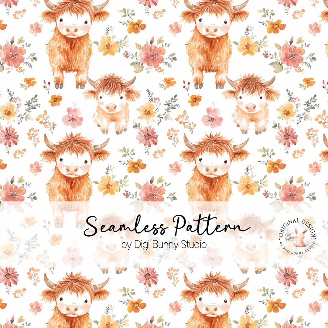 Highland Cow Seamless Pattern, Western Floral Fabric (digital Download ...