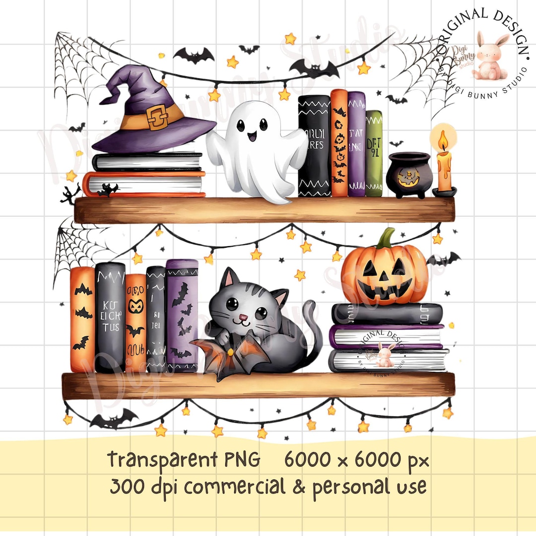 Halloween Bookshelf Png Book Lover Png Cute Halloween Ghost Bookish Png ...