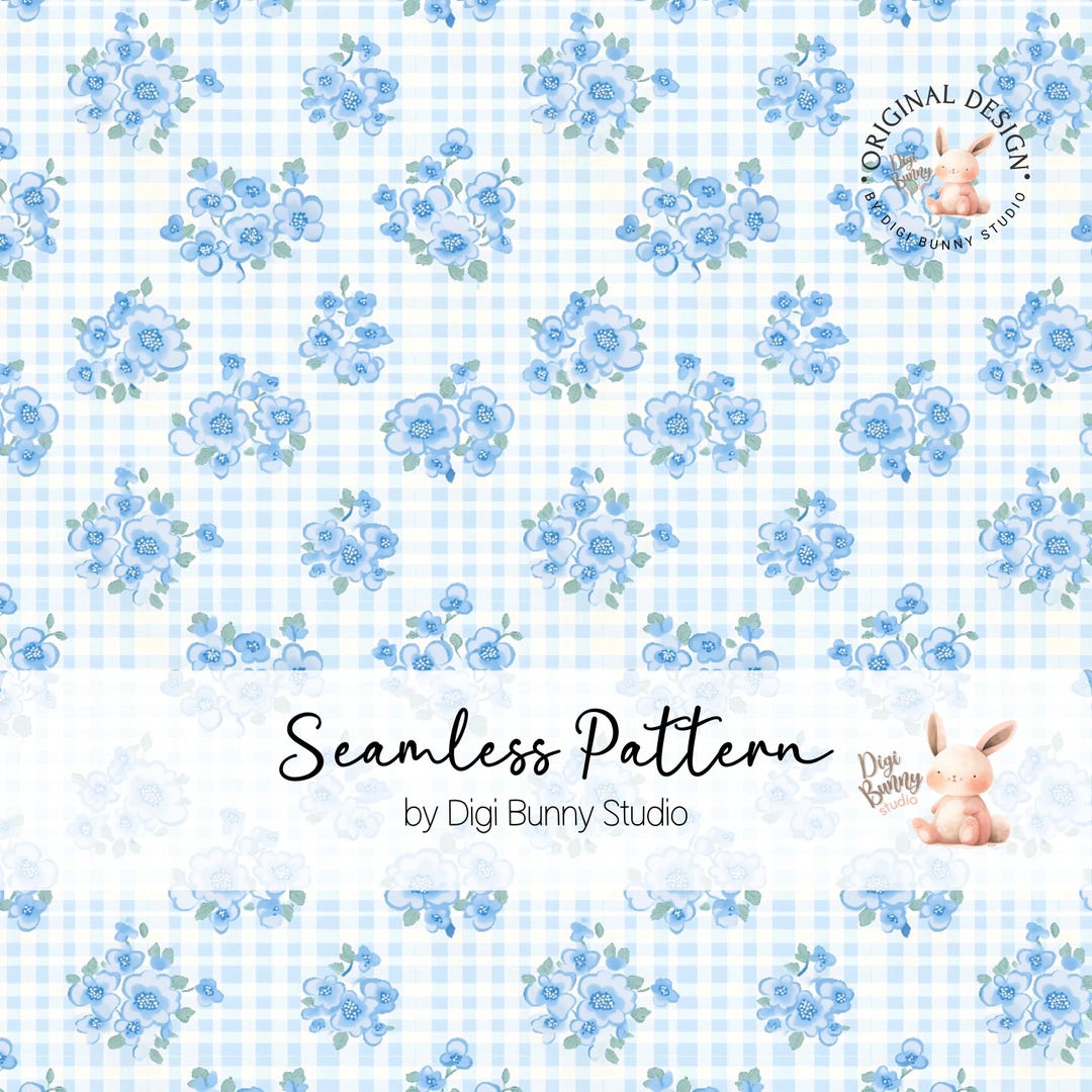 Blue Floral Gingham Seamless Pattern | Grandmillennial Fabric (digital ...