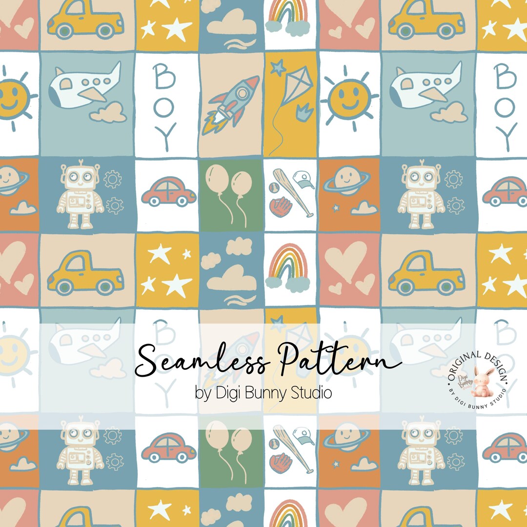 Hand-drawn Boys Seamless Pattern, Cars, Robots, Rockets (PNG) - Etsy