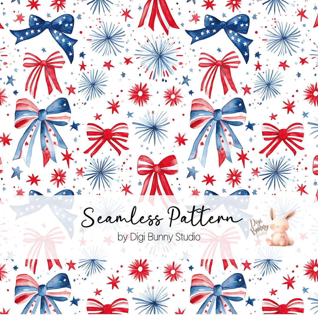 Red White Blue Coquette Bows 4th of July Seamless Pattern USA Fourth of ...