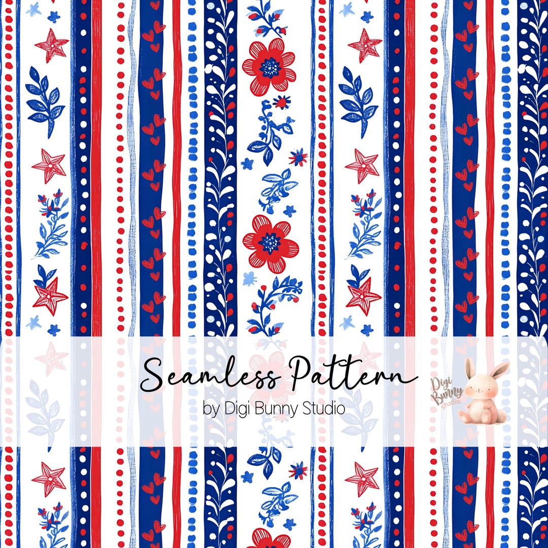 Red White Blue Stripes Floral 4th of July Seamless Pattern USA Fourth ...