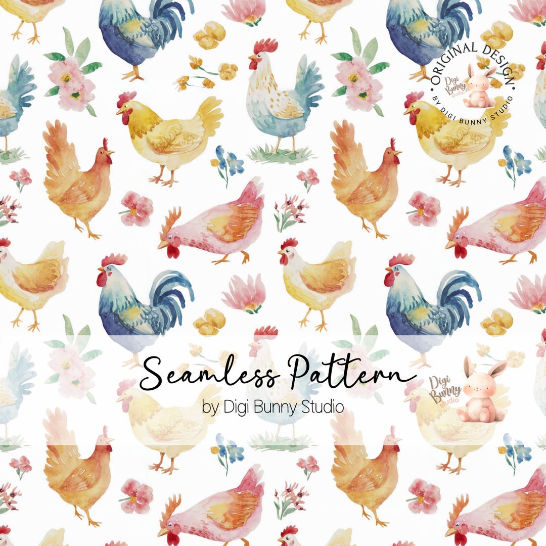 Floral Spring Chickens Seamless Pattern, Farm Seamless Chicken Flowers ...