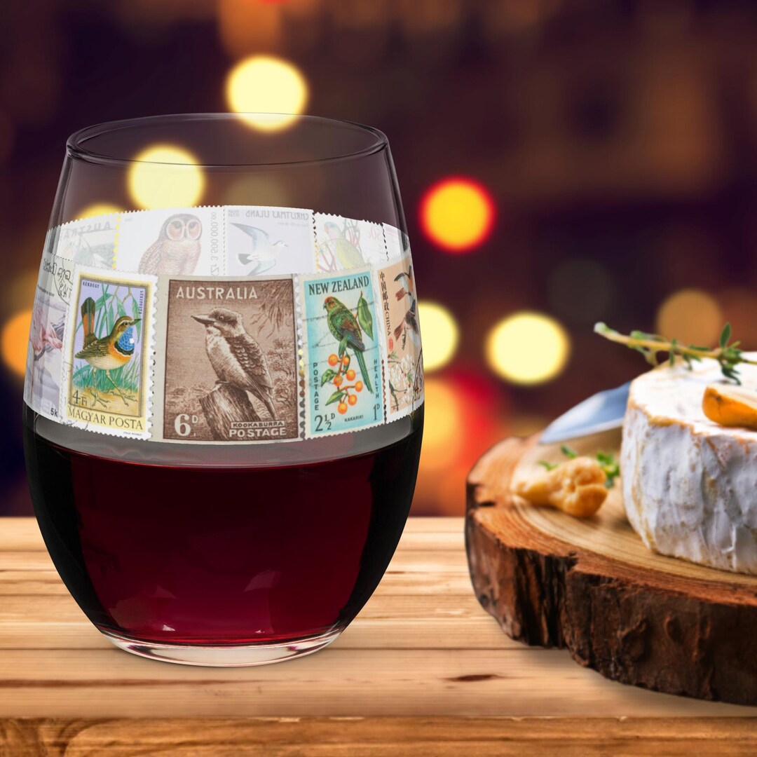 Bird Vintage Postage Stamp Stemless Wine Glass - Etsy