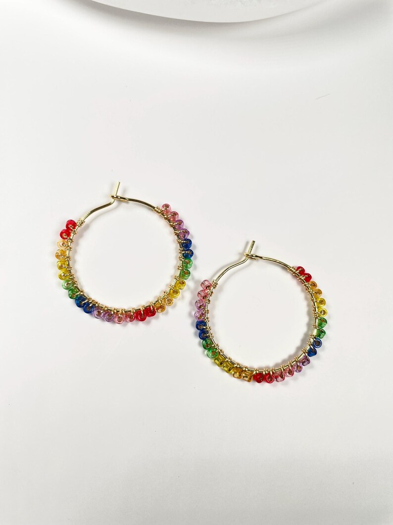 Rainbow Hoop Earrings in 18k Gold or Sterling Silver • Rainbow Color ...