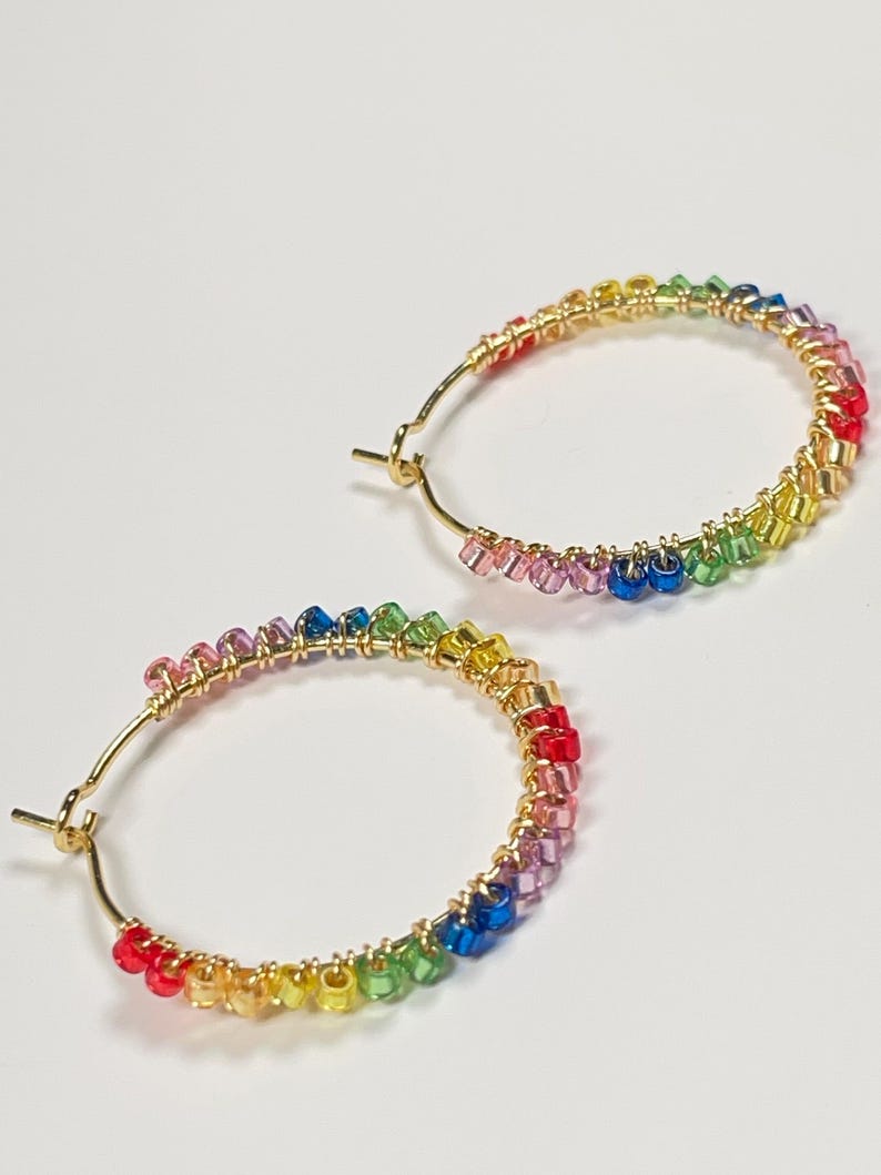 Rainbow Hoop Earrings in 18k Gold or Sterling Silver • Rainbow Color ...