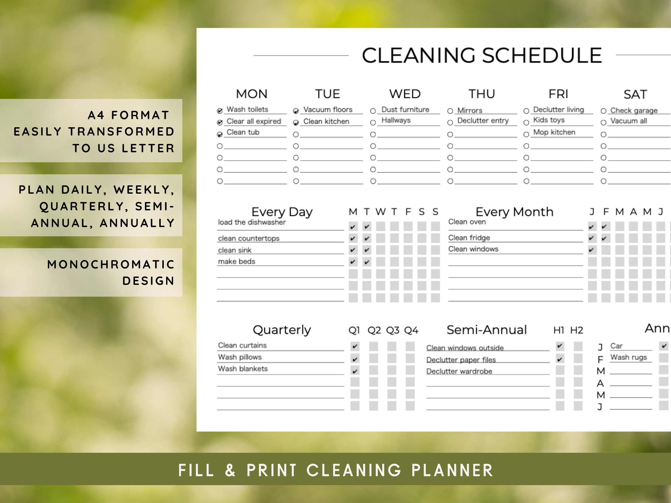 Editable Black and White Cleaning Schedule Weekly, Monthly, Annual ...
