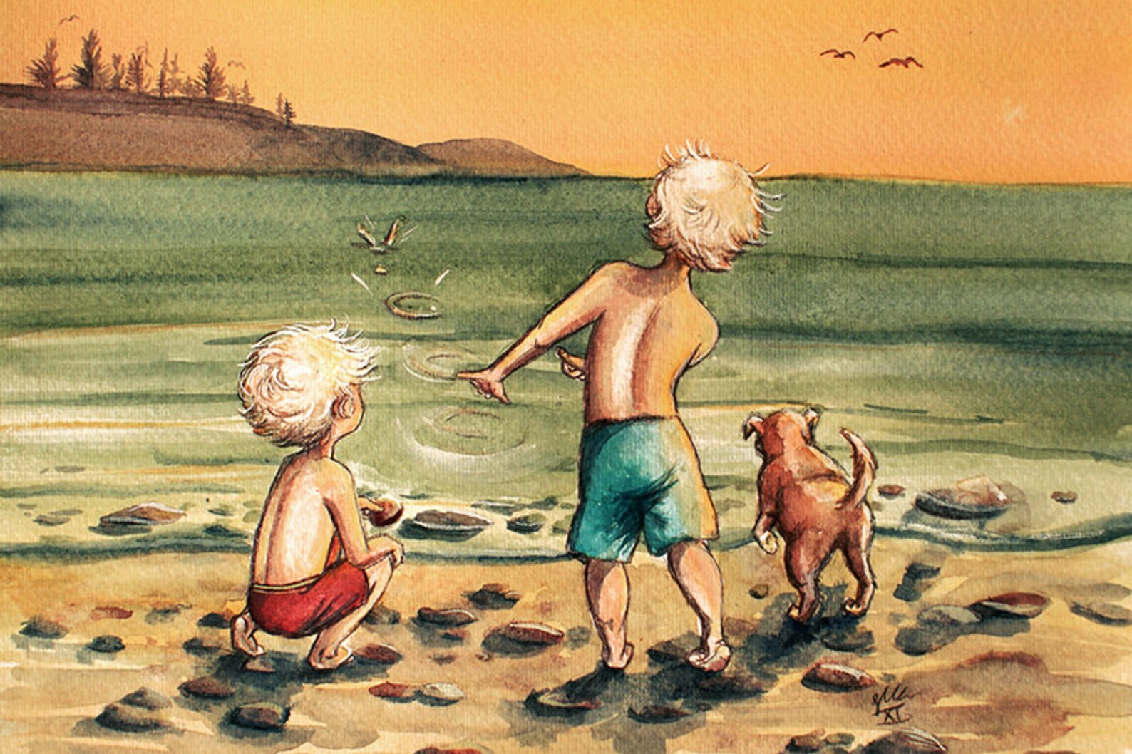 SALE Skipping Stones Original Watercolour Illustration by - Etsy