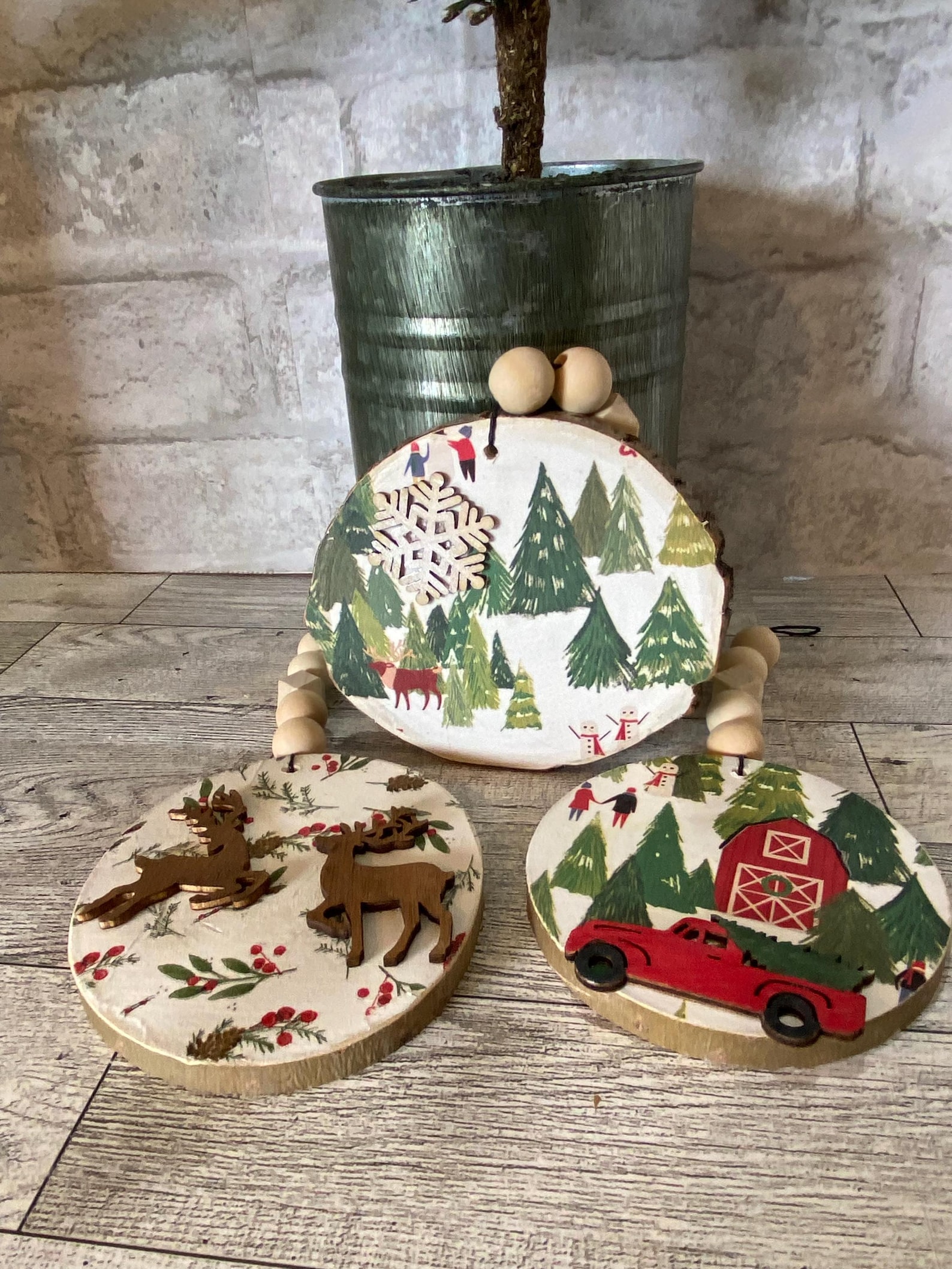 Handmade Decoupaged Wood Slice Winter/deer Scene Ornaments*set of 5 ...