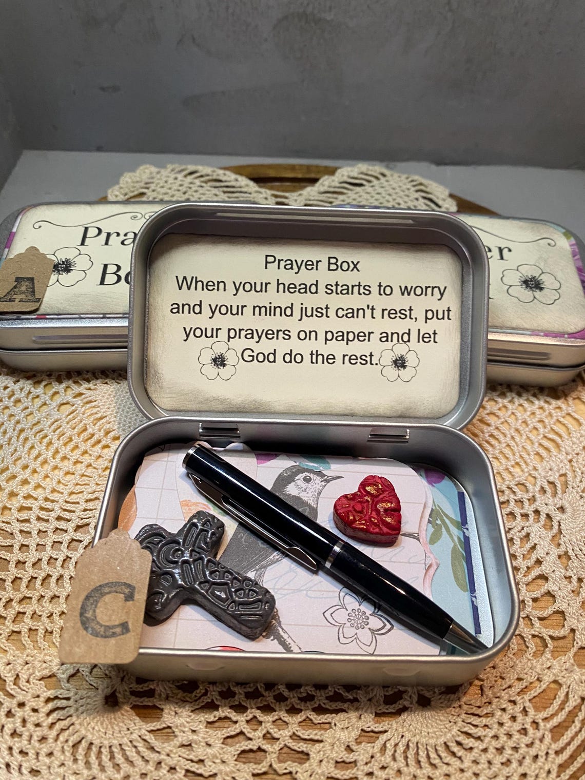 Prayer Box Tin W/handmade Clay Pocket Cross, Clay/heart, Pen & Plenty ...