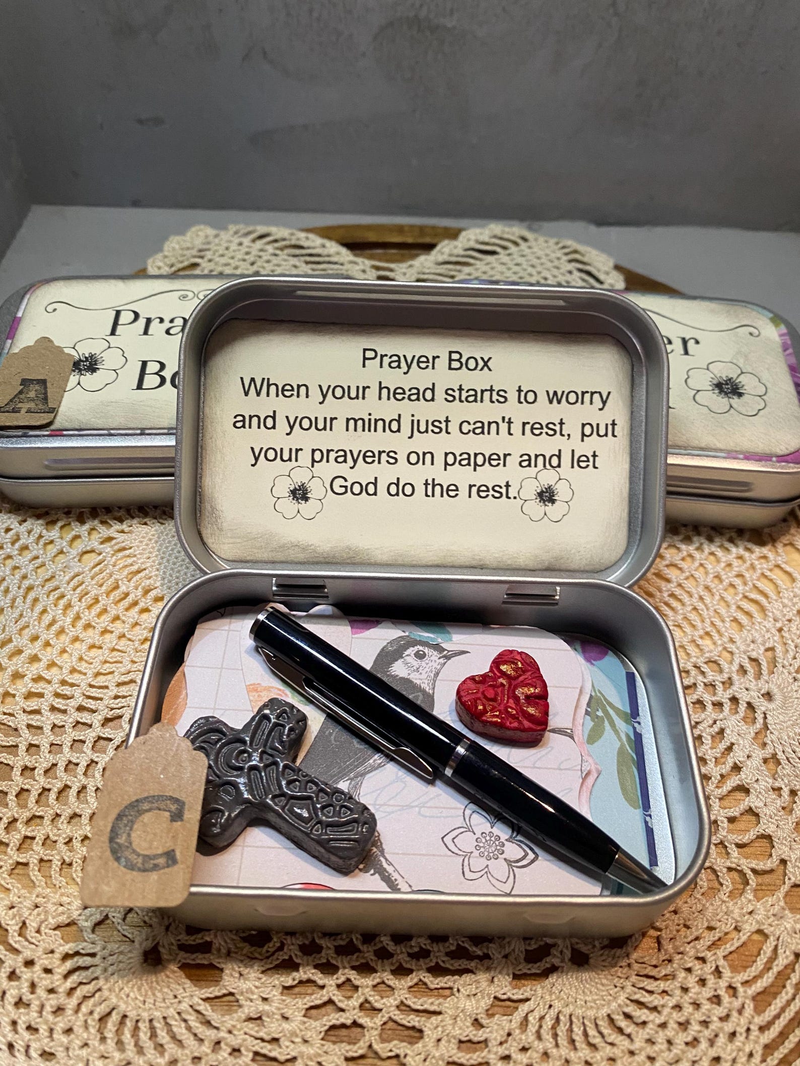Prayer Box Tin W/handmade Clay Pocket Cross, Clay/heart, Pen & Plenty ...