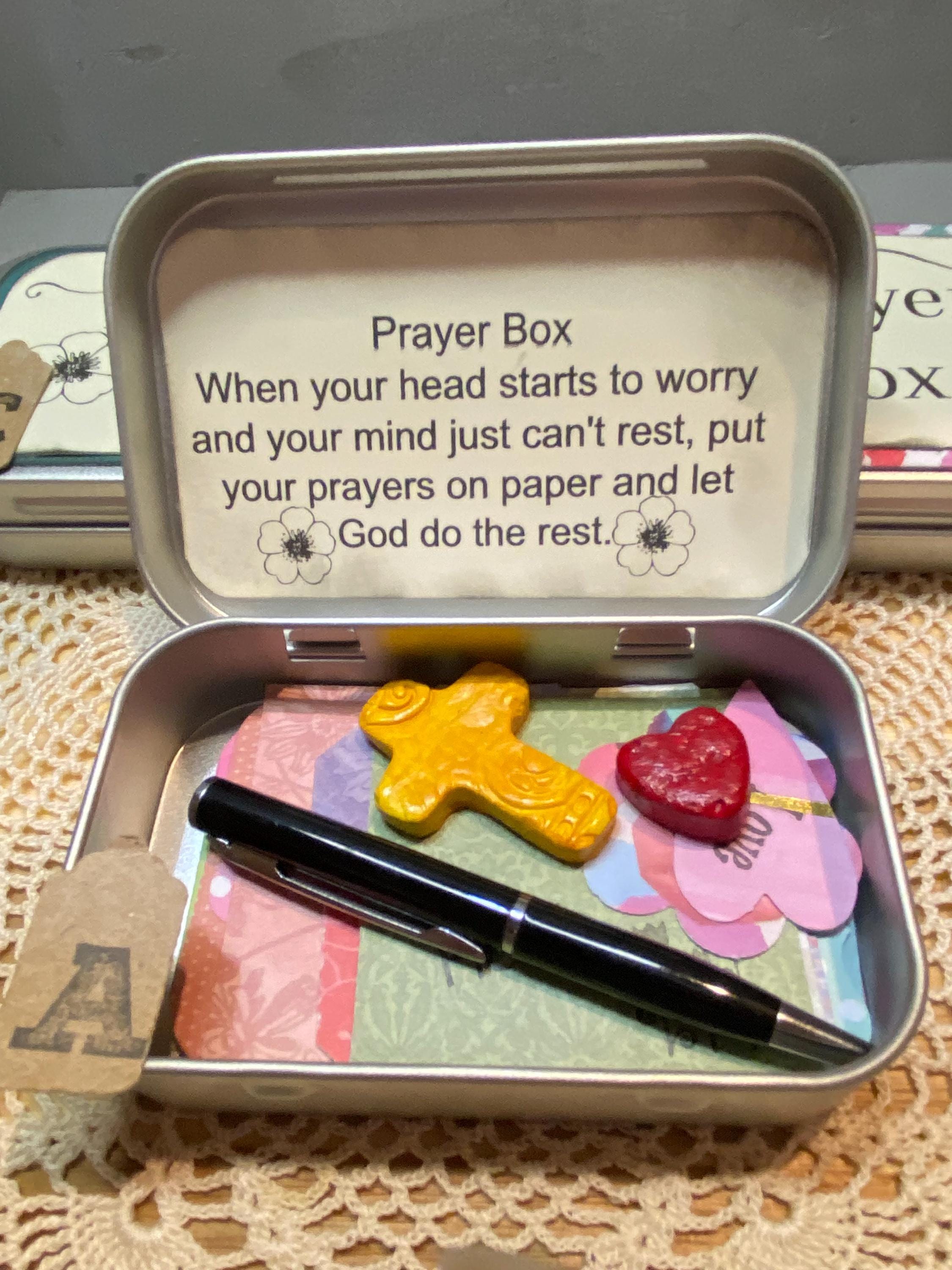 Prayer Box Tin W/handmade Clay Pocket Cross, Clay Painted Heart, Pen ...