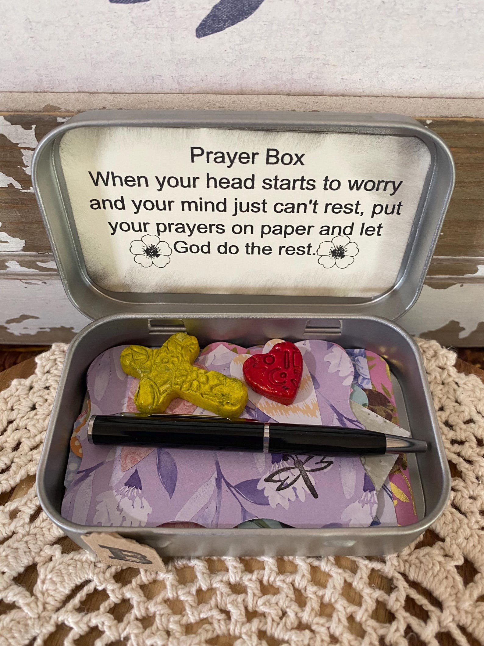 Prayer Box Tin W/handmade Clay Pocket Cross, Clay/painted Heart, Pen ...