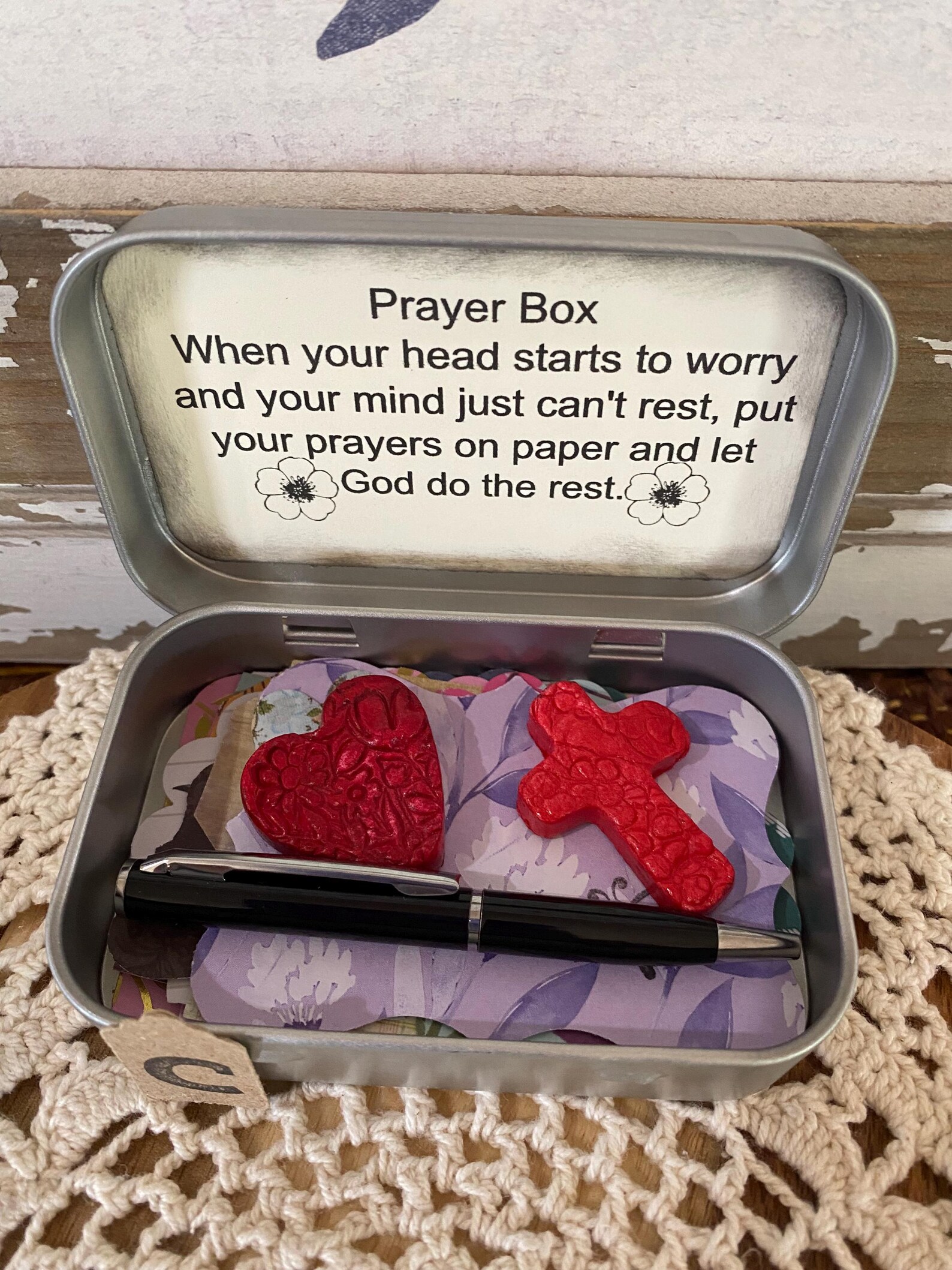 Prayer Box Tin W/handmade Clay Pocket Cross, Clay/painted Heart, Pen ...