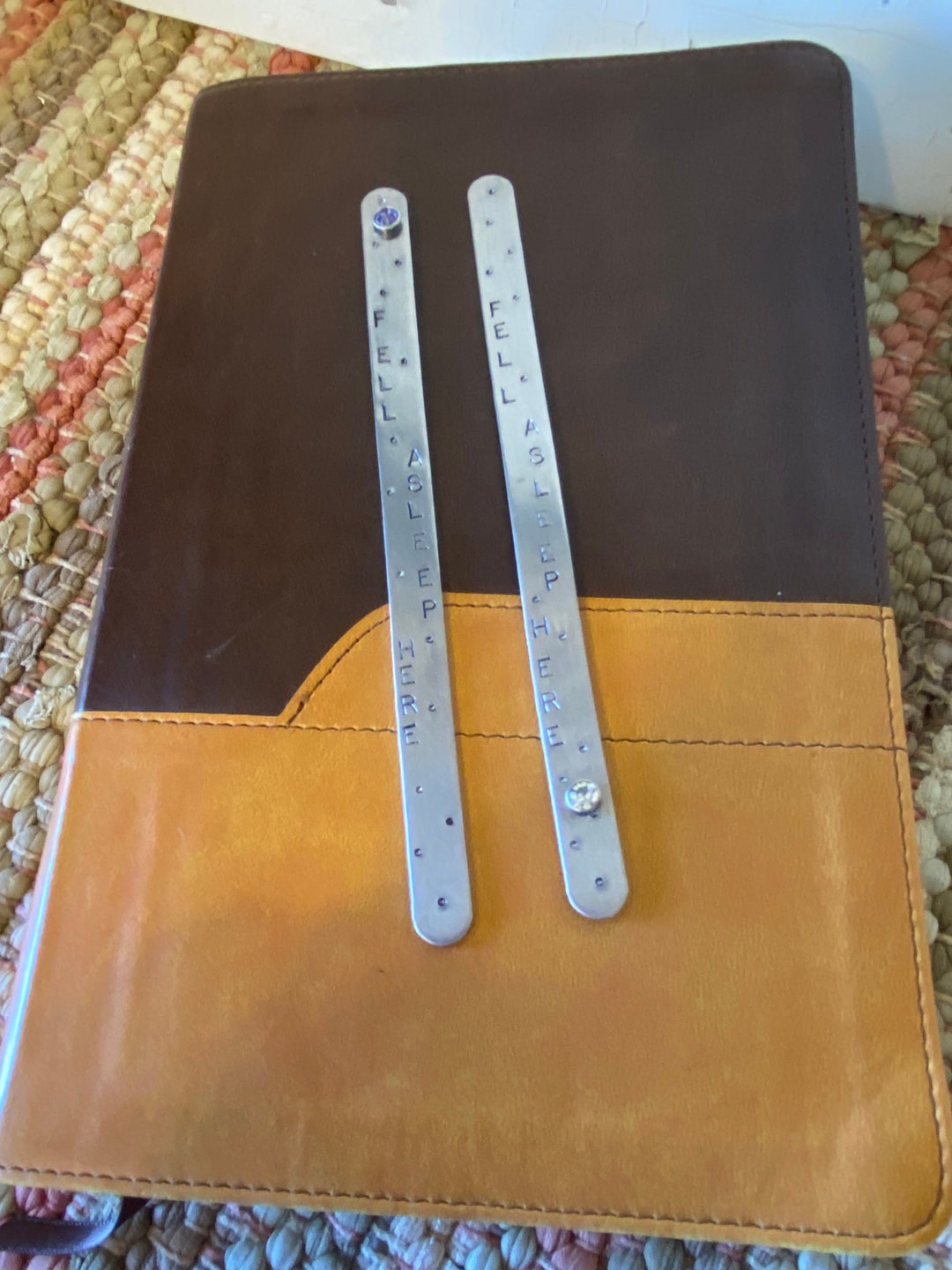 Fell Asleep Here Hand Stamped Flat Oblong Bookmark W/ Rhinestone Rivet ...