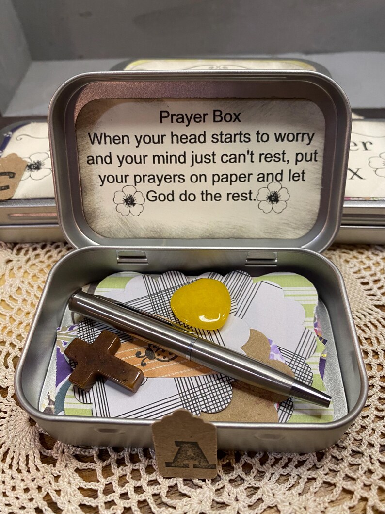 Prayer Box Tin W/stone Pocket Cross, Stone Heart, Pen & Plenty of ...