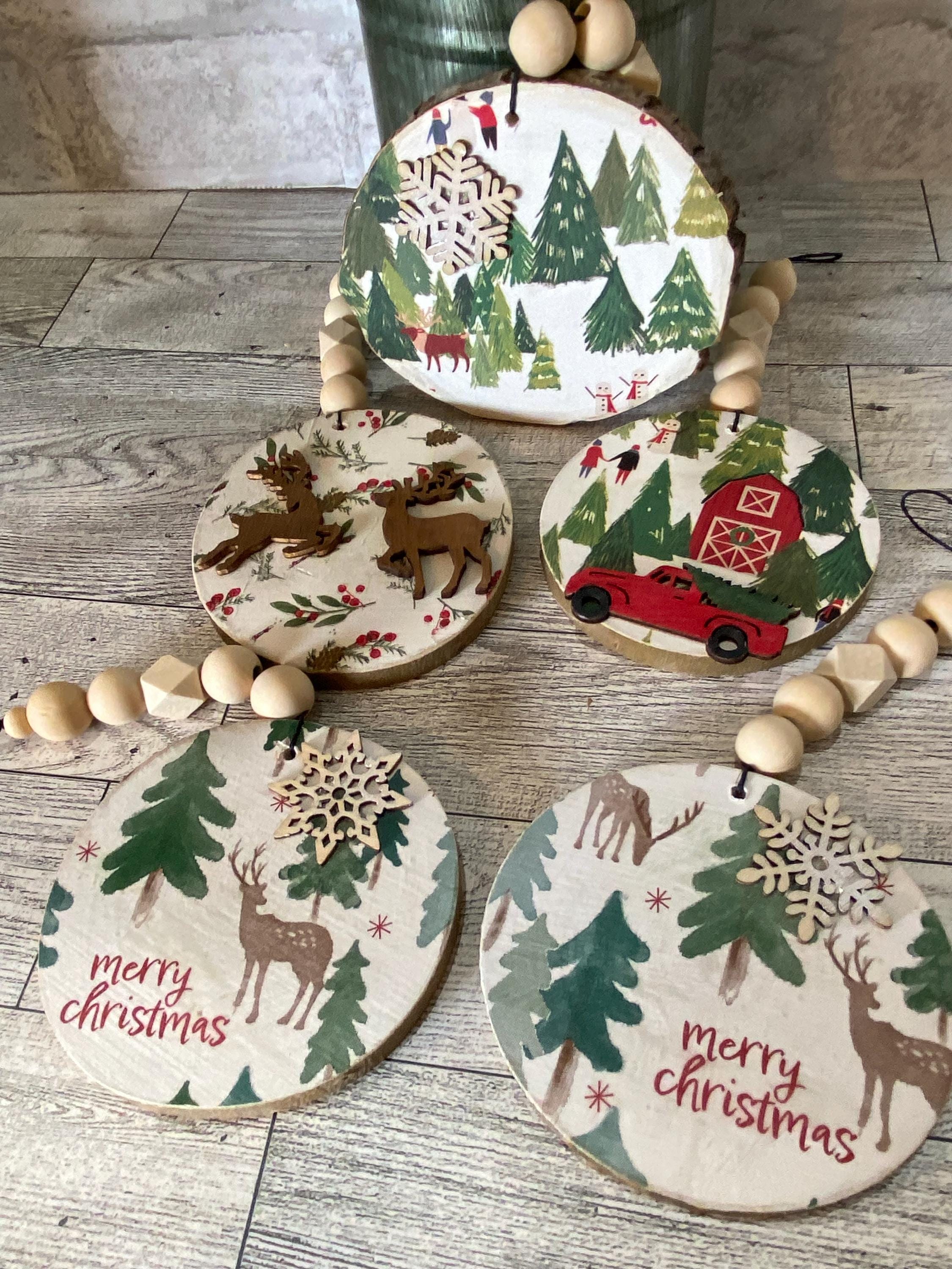 Handmade Decoupaged Wood Slice Winter/deer Scene Ornaments*set of 5 ...
