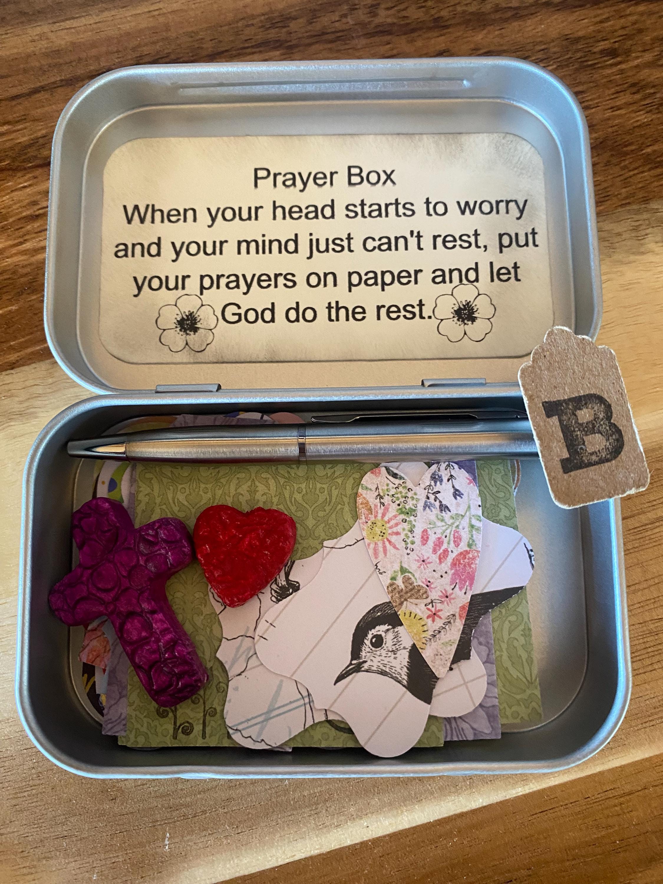 Prayer Box Tin W/handmade Clay Pocket Cross, Clay Heart, Pen & Plenty ...