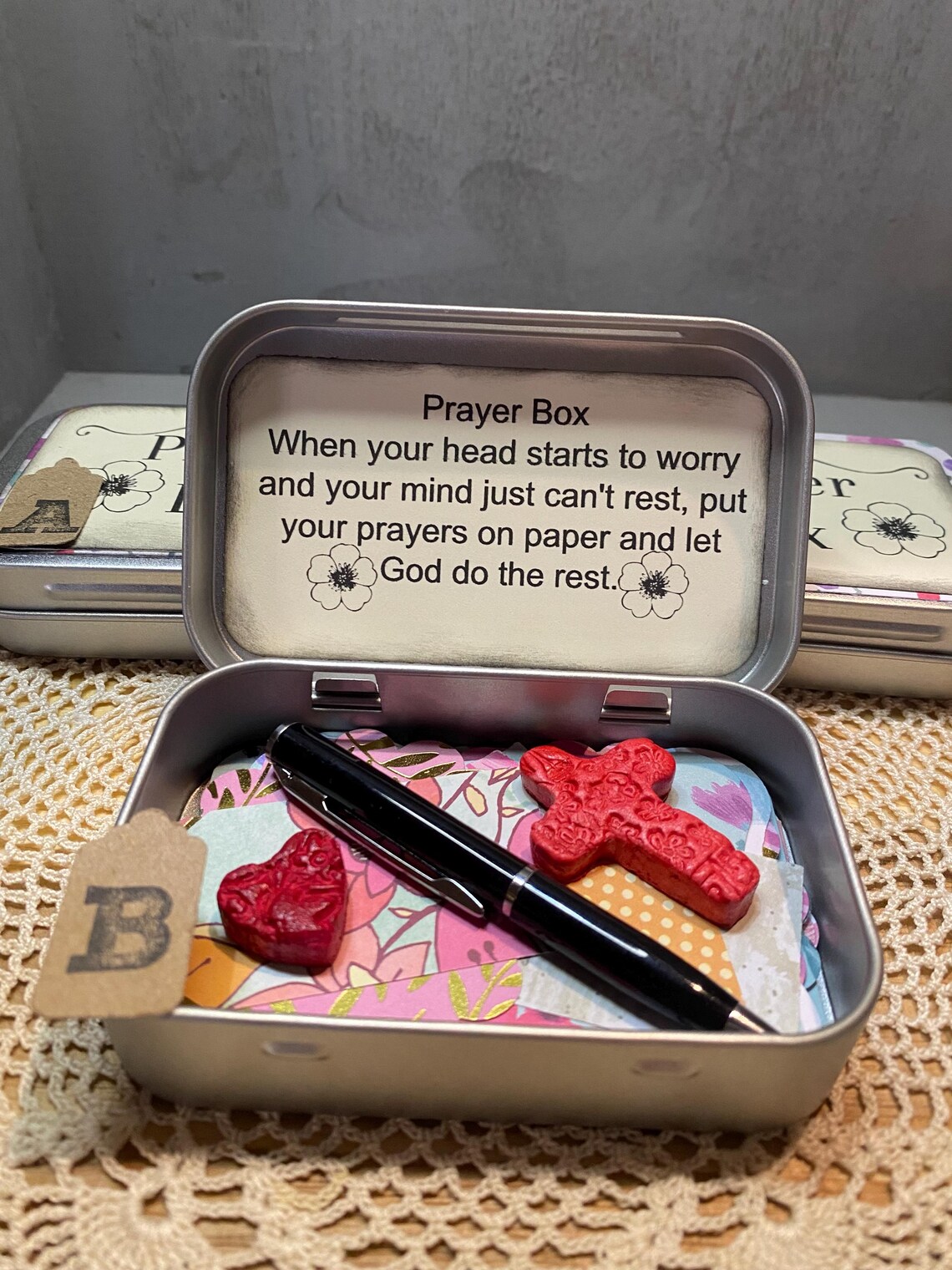 Prayer Box Tin W/handmade Clay Pocket Cross, Clay/heart, Pen & Plenty ...