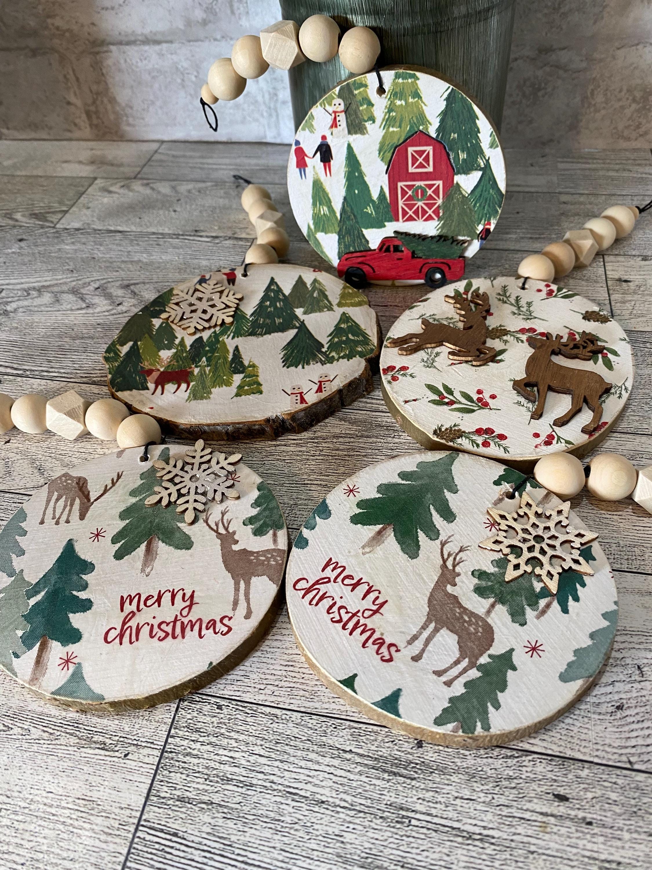 Handmade Decoupaged Wood Slice Winter/deer Scene Ornaments*set of 5 ...