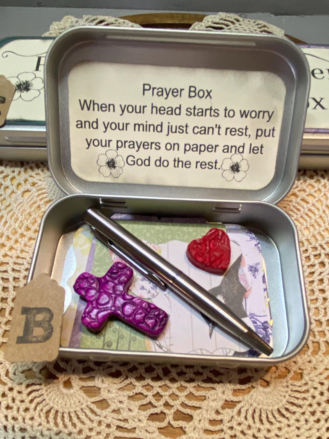 Prayer Box Tin W/handmade Clay Pocket Cross, Clay Painted Heart, Pen ...