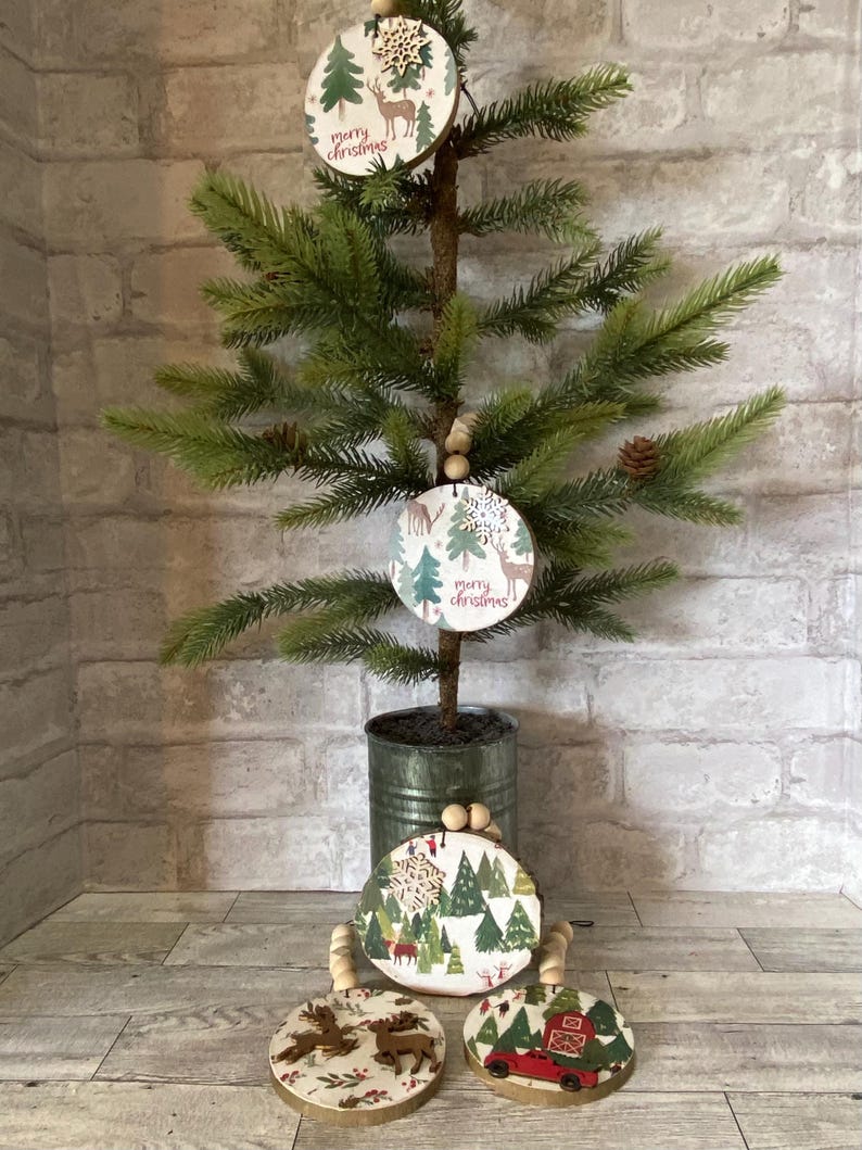 Handmade Decoupaged Wood Slice Winter/deer Scene Ornaments*set of 5 ...