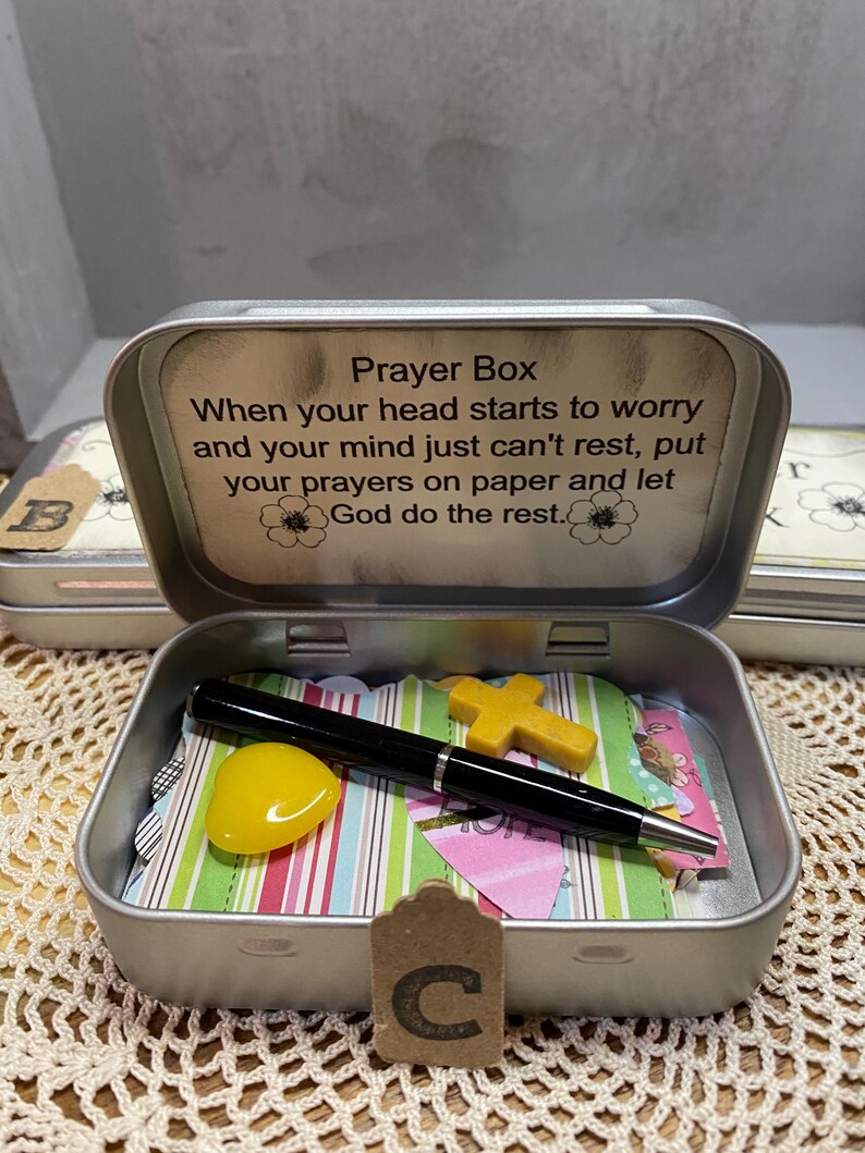Prayer Box Tin W/stone Pocket Cross, Stone Heart, Pen & Plenty of ...