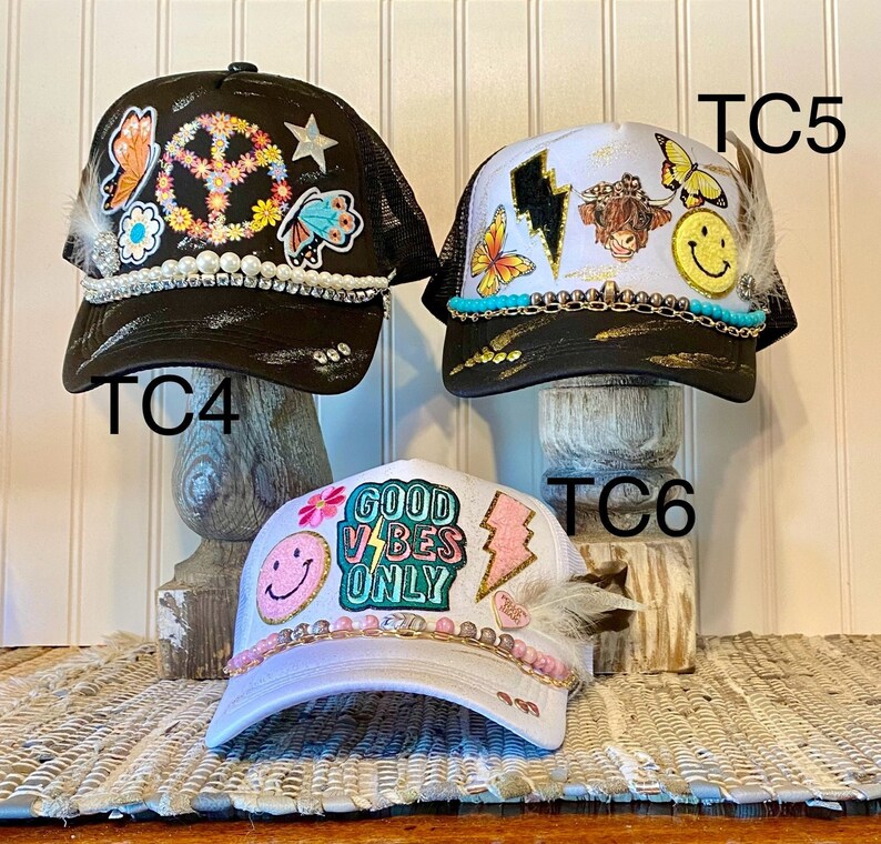 Women's Retro Style Multi Patch Trucker Caps With Double Trucker Chains ...