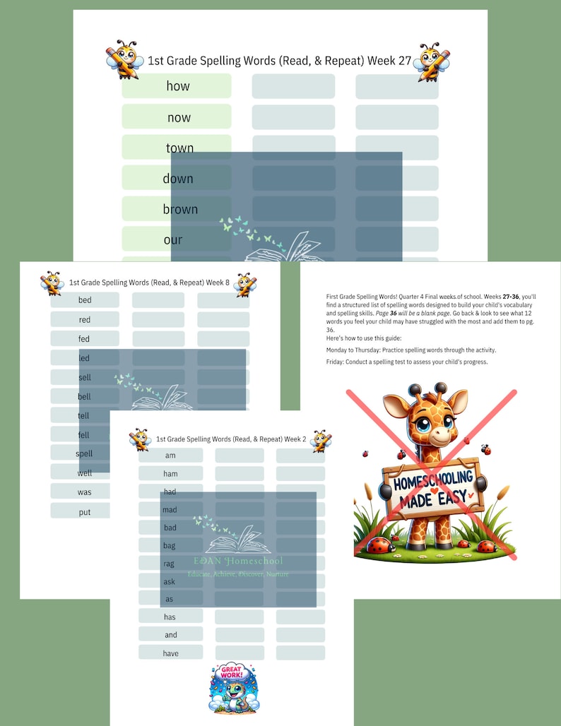 First Grade Spelling Word Packet, 36 Weeks, Homeschool - Etsy