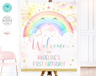 Printable Rainbow Welcome Sign Door Poster 1st Birthday Girl. Rainbow ...