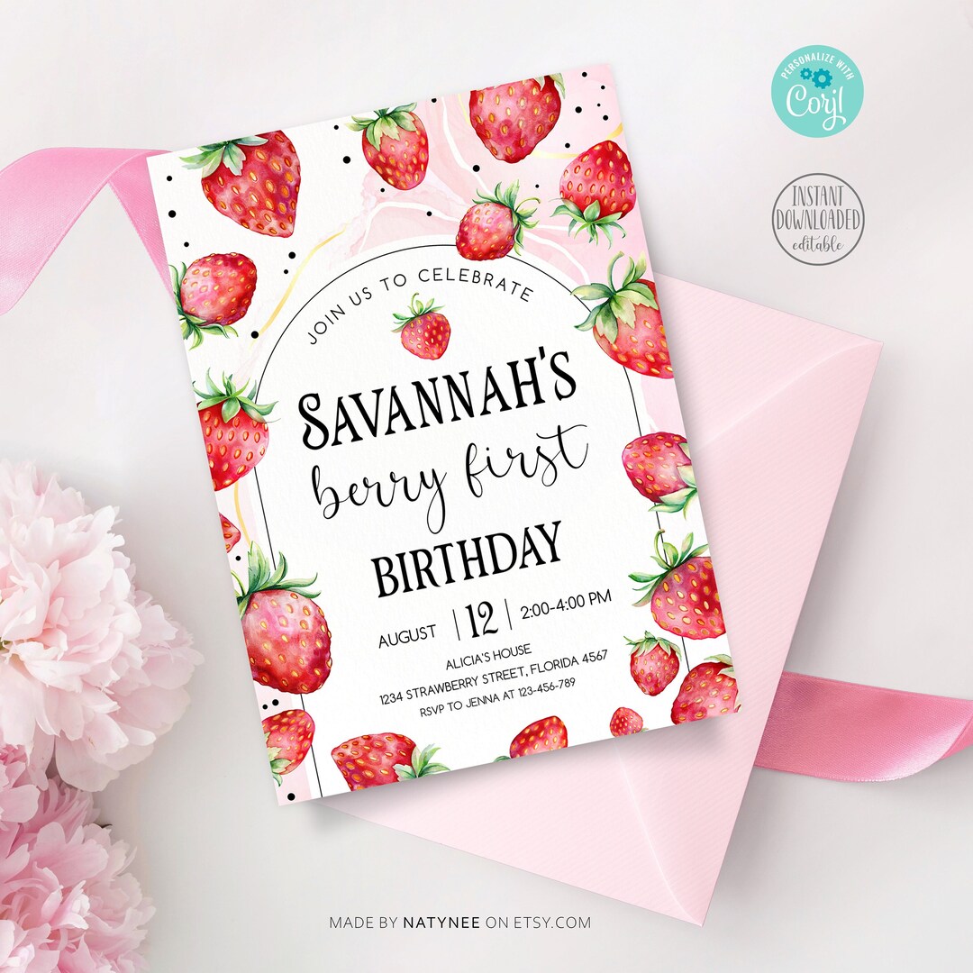 Editable Berry Birthday Invitation, Template Girl 1st Birthday Party ...