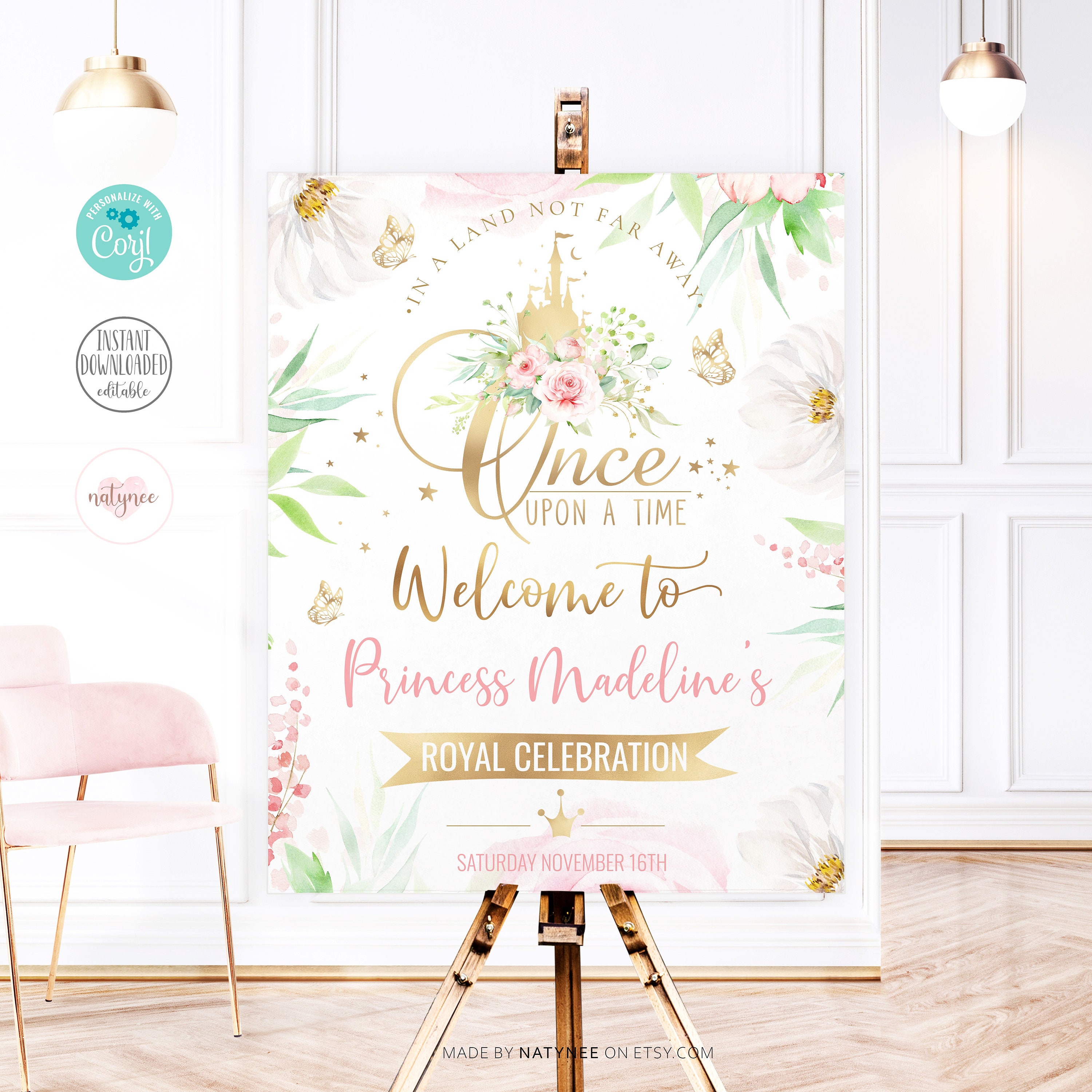 EDITABLE Welcome Sign Princess 1st Birthday Party. Once Upon a Time ...