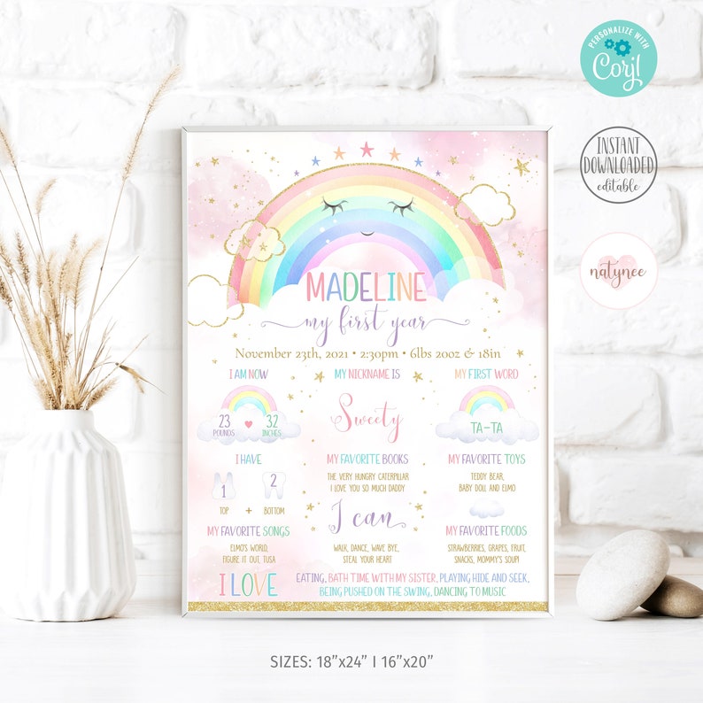 Editable Rainbow Milestone Board 1st Birthday Sign. Rainbow First ...