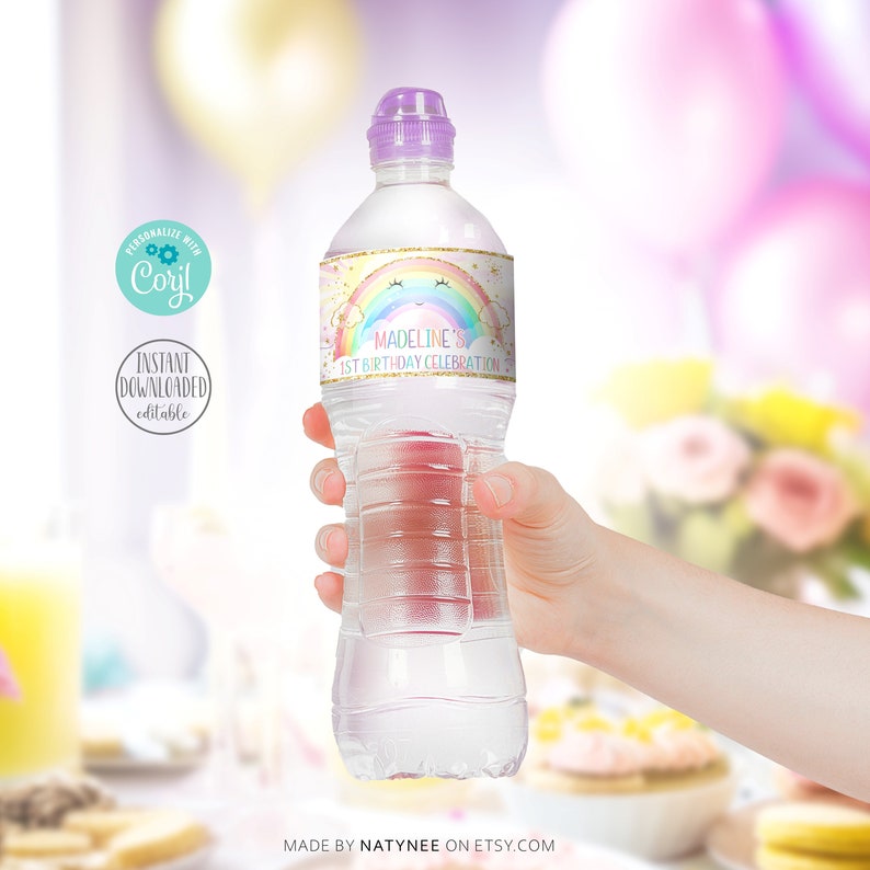 Editable Pastel Rainbow Water Bottle Label. Printable Rainbow and Sun 1 ...
