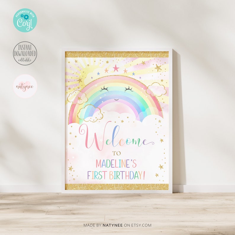 Printable Rainbow Welcome Sign Door Poster 1st Birthday Girl. Rainbow ...
