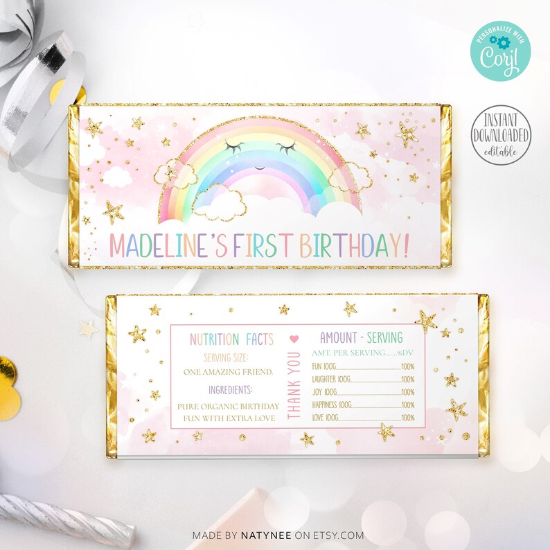 Pastel Rainbow Birthday Chocolate Bar Wrapper Template (digital ...