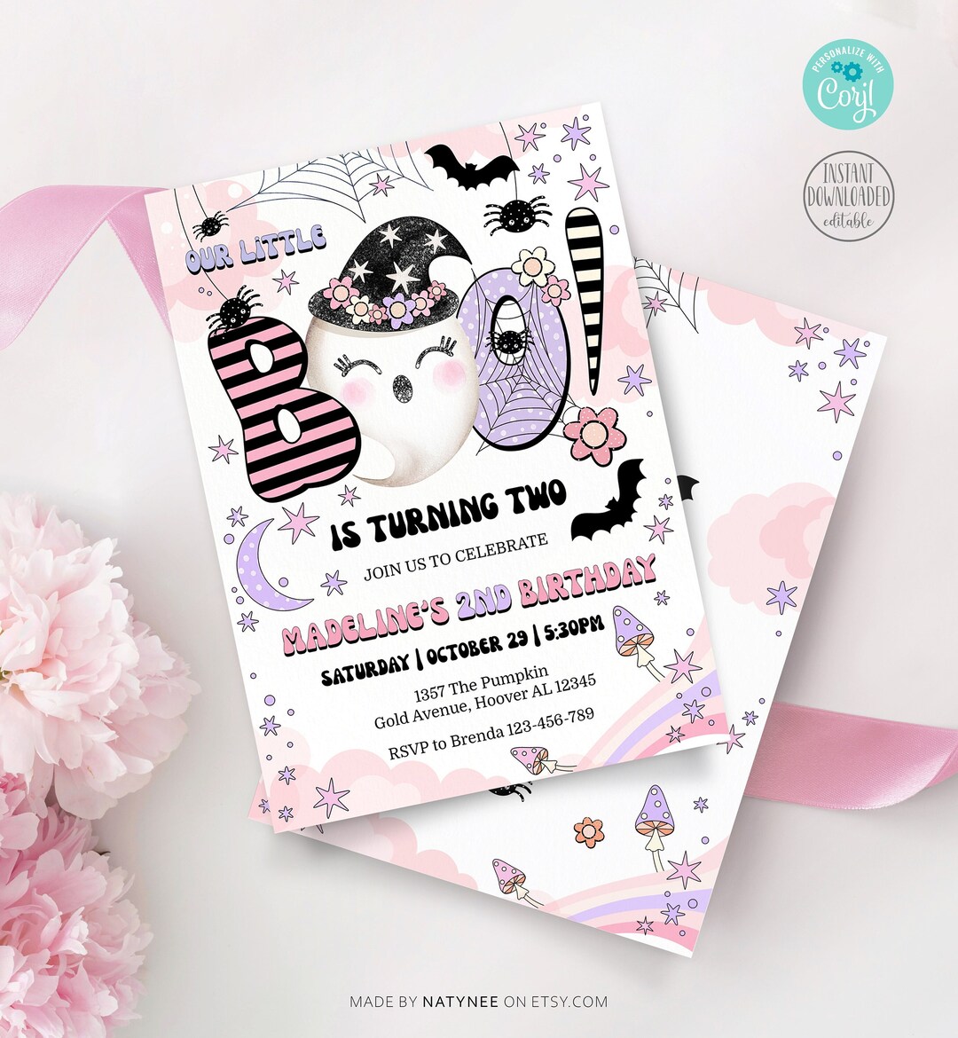 Editable Halloween Birthday Invitation, Pink Spooky Vibes Ghost ...