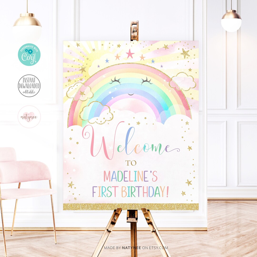 Printable Rainbow Welcome Sign Door Poster 1st Birthday Girl. Rainbow ...
