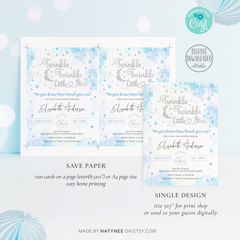 Twinkle Twinkle Little Star Invitation. Printable Baby Boy Announcement ...