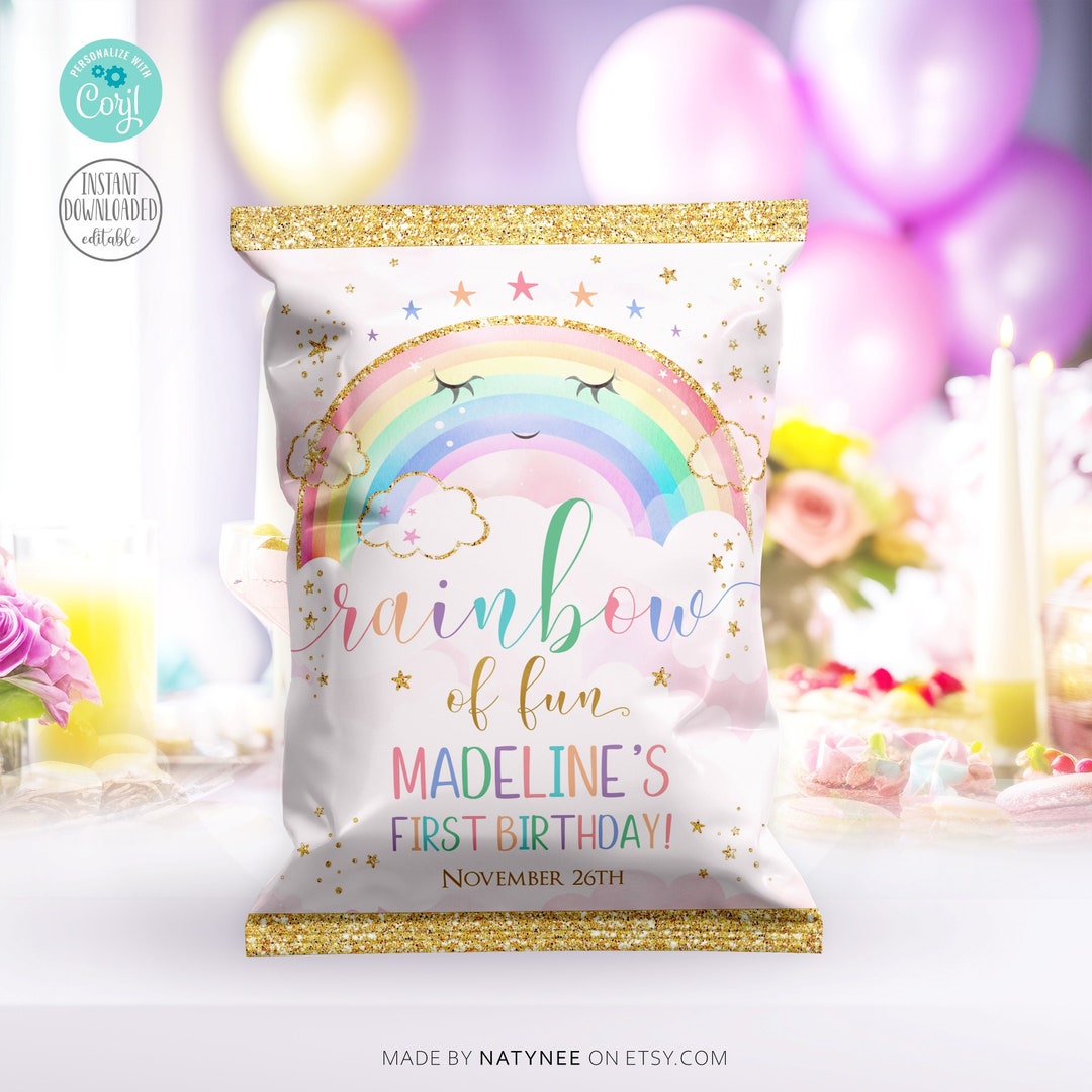 Pastel Rainbow Birthday Chip Bag: Editable Favor Template (digital ...