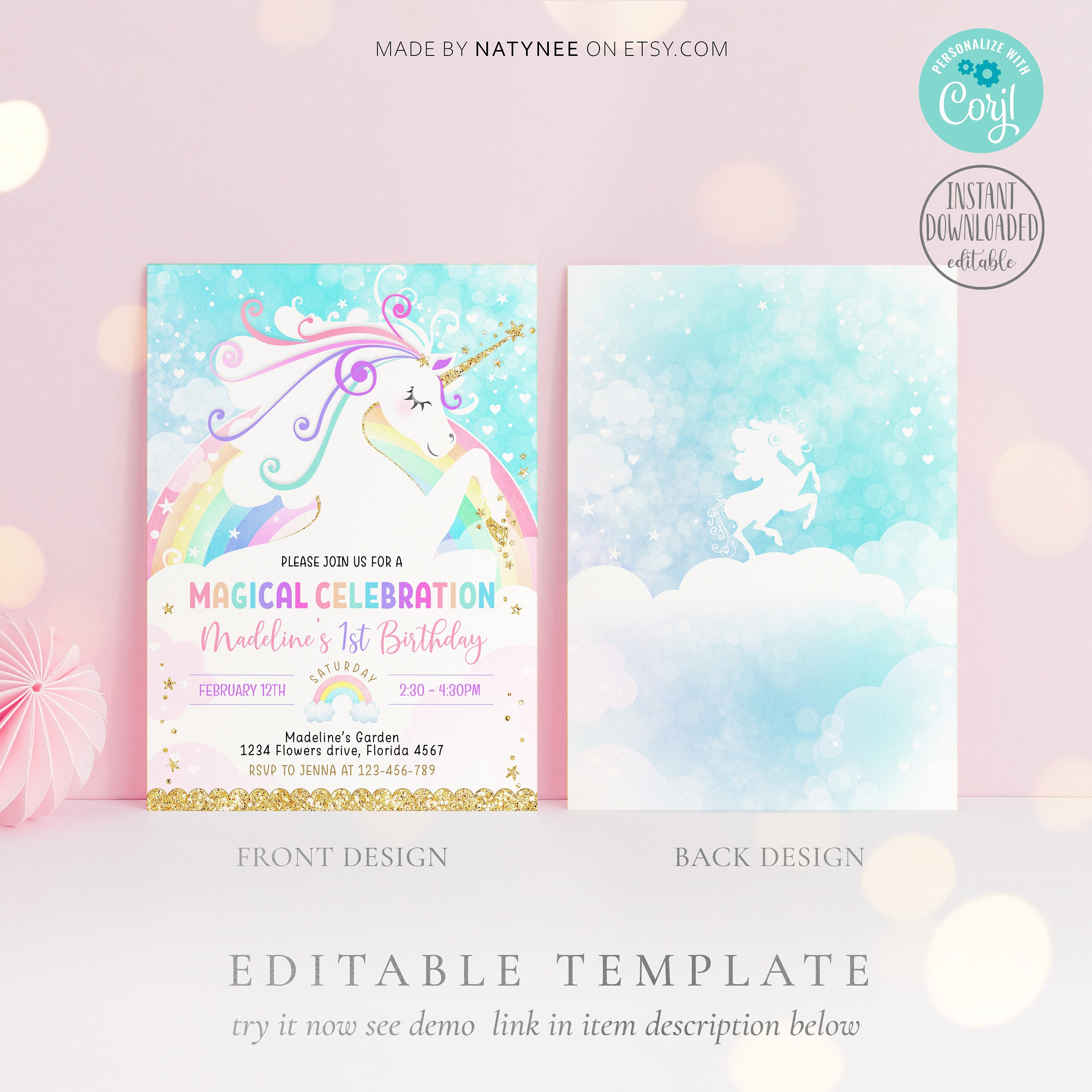 EDITABLE UNICORN BIRTHDAY Party Invitations. Printable Rainbow Unicorn ...