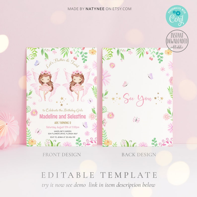Editable Double Fairy Birthday Invitation: Wildflower Garden Party ...