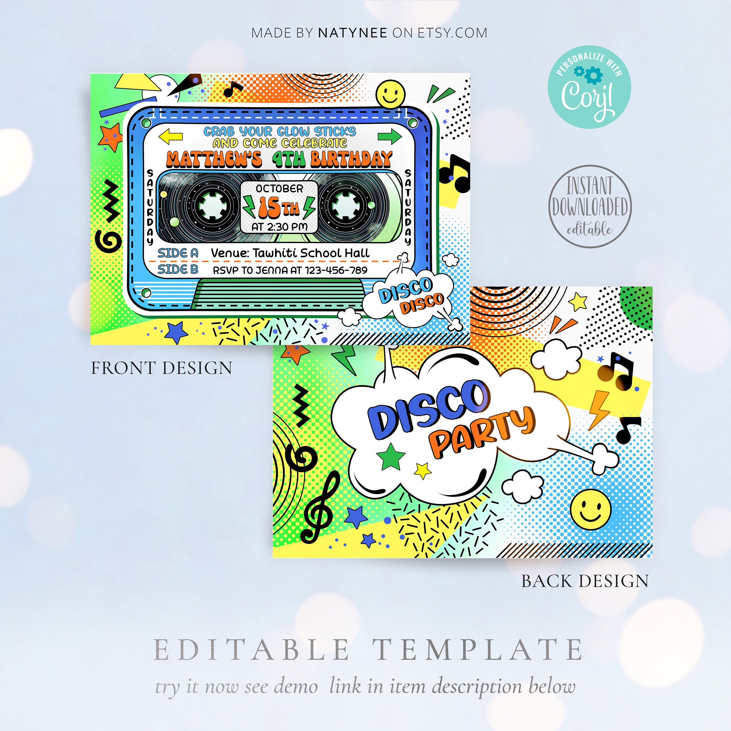 EDITABLE DISCO PARTY Boy Birthday Invitation. Boy 80s Cassette Tape ...