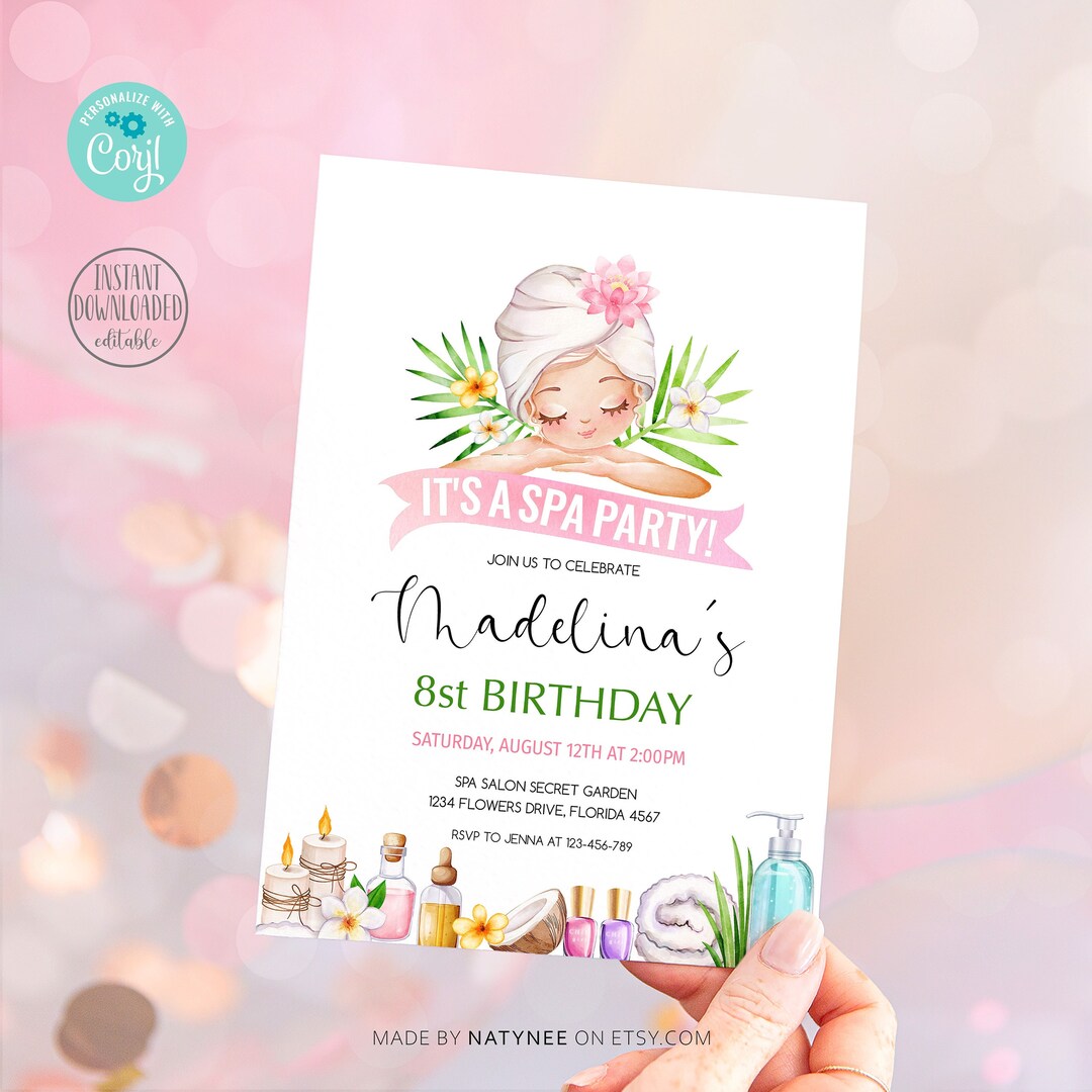 Editable SPA Party Birthday Girl Invitation Tropical Floral Printable ...
