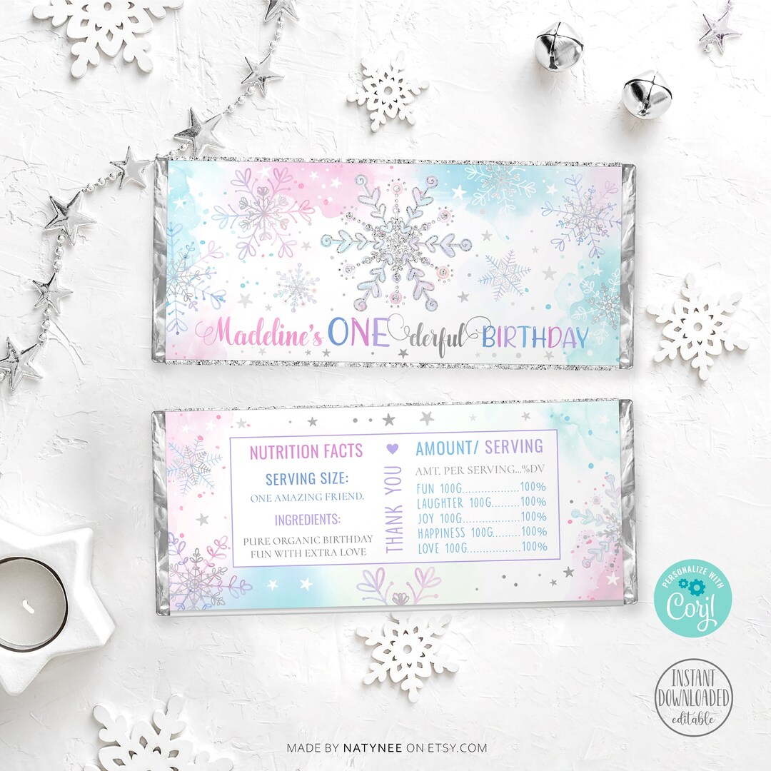 Printable SNOWFLAKE 1st Birthday Party Chocolate Bar Wrapper Editable ...
