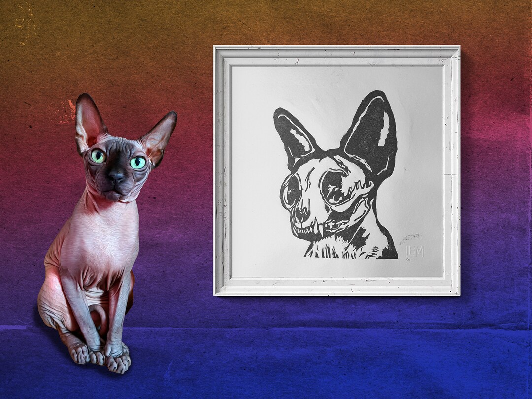 Socko's Skull Original Woodblock Print Open Edition Handmade Sphynx Cat ...