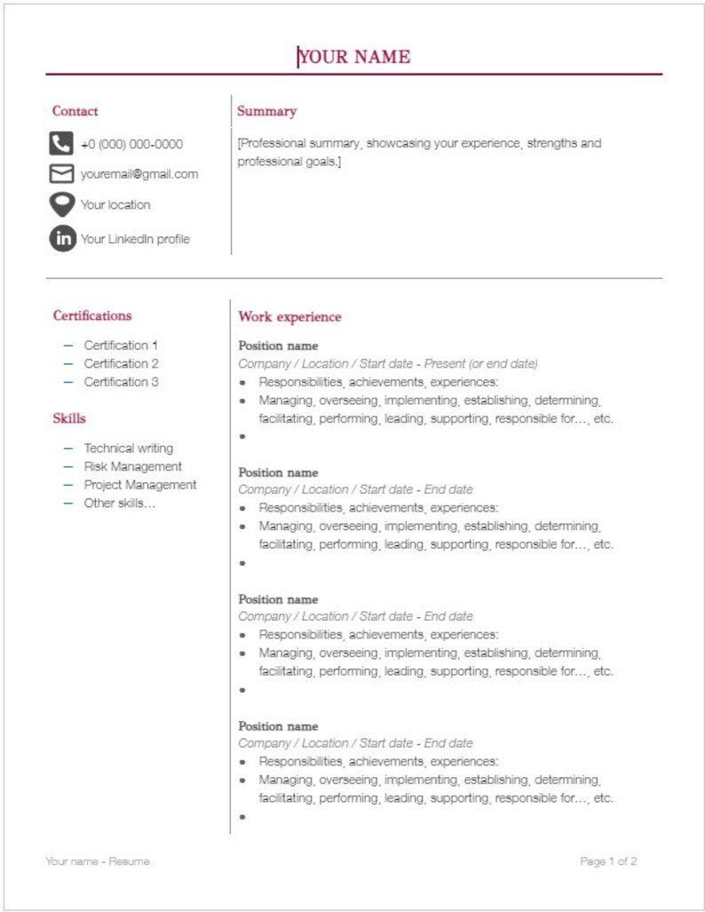 2-page Resume, CV Templates in 3 Colors (blue-green/burgundy) and 2 ...