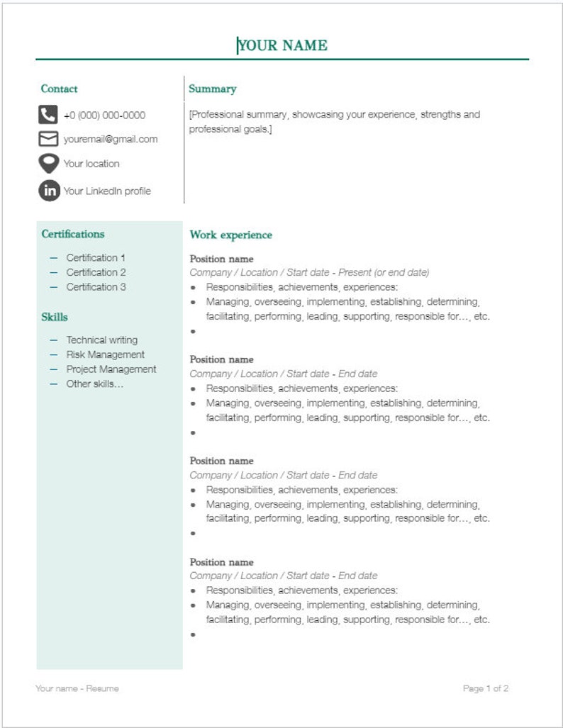 2-page Resume, CV Templates in 3 Colors (blue-green/burgundy) and 2 ...