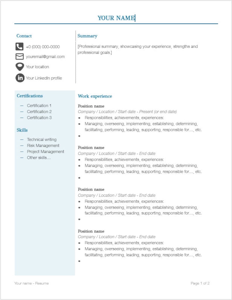 2-page Resume, CV Templates in 3 Colors (blue-green/burgundy) and 2 ...
