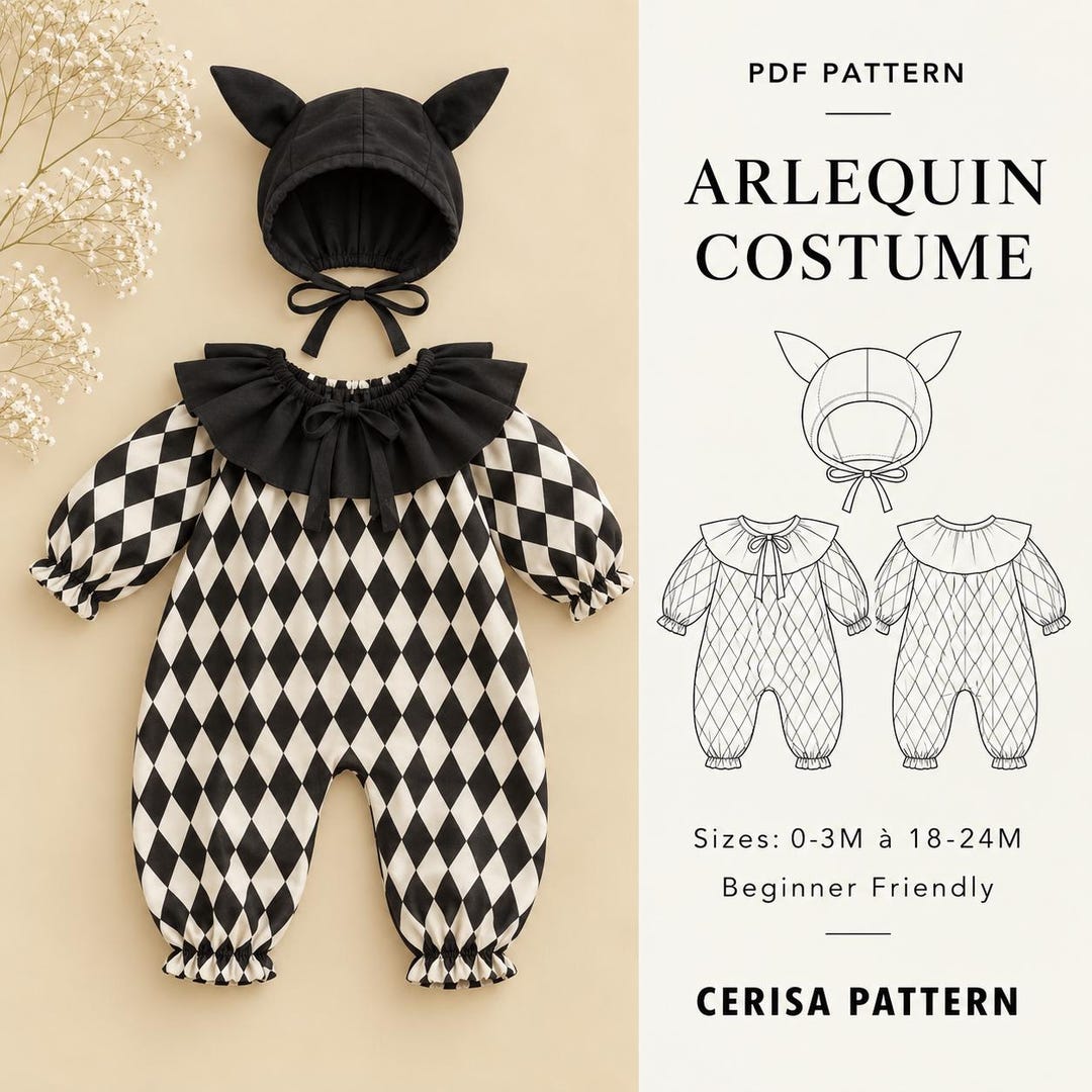 Harlequin Costume Sewing Pattern PDF | Baby Romper With Ruffle Collar ...